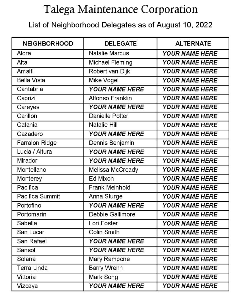 Neighborhood Delegates - Talega Today